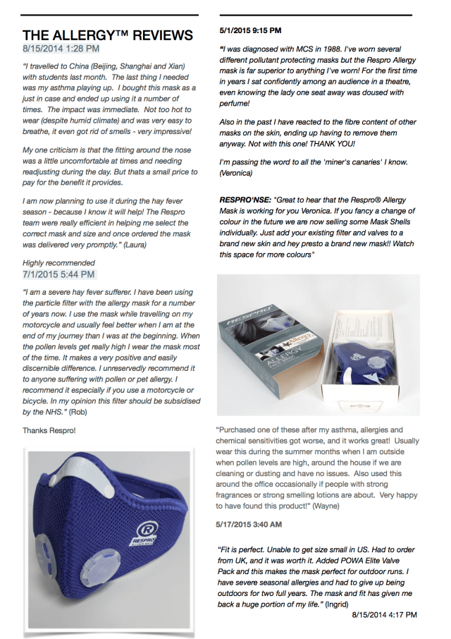 RESPRO® ALLERGY™ MASK – REVIEWS | Respro® Bulletin Board