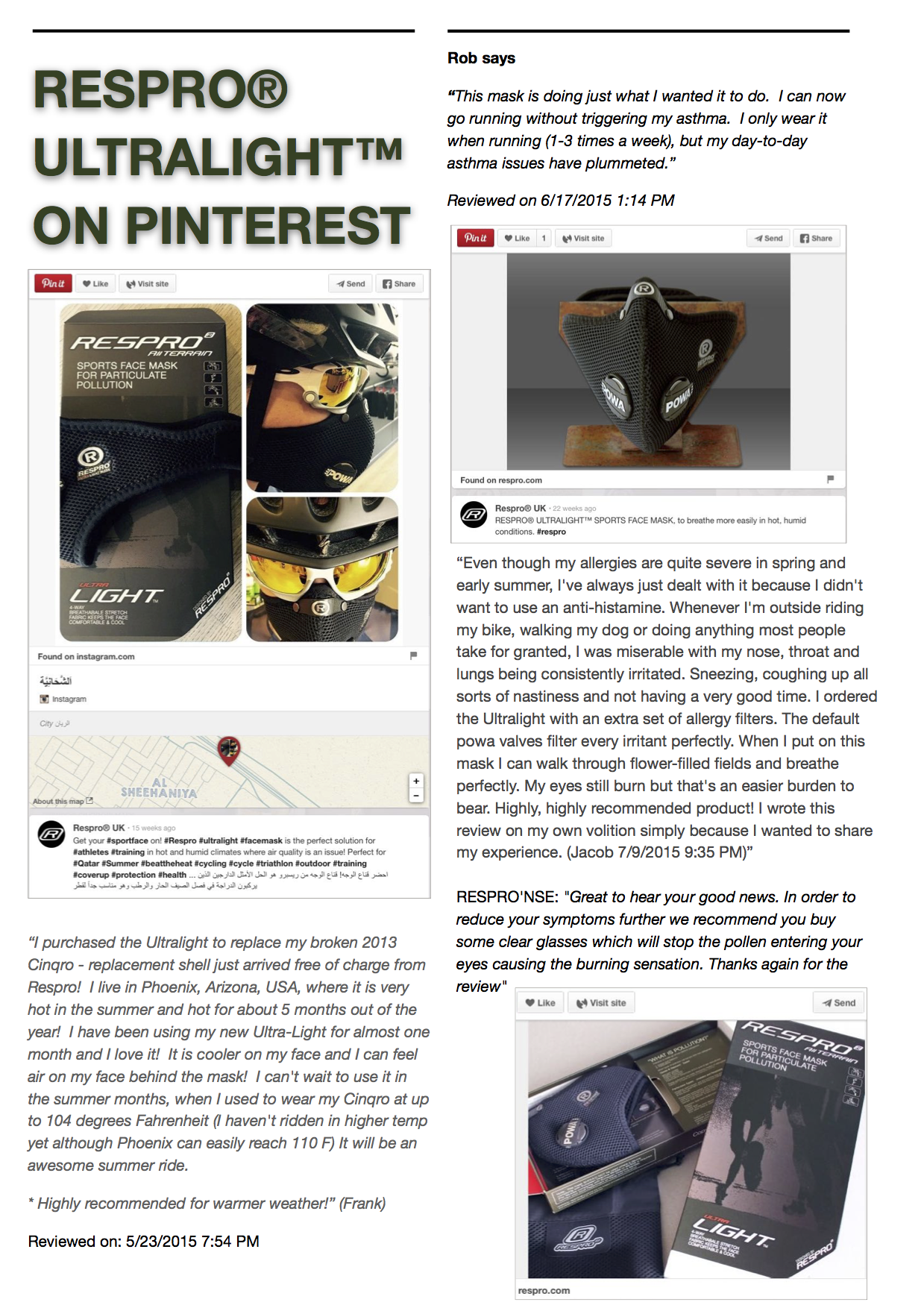 RESPRO® ULTRALIGHT – REVIEWS | Respro® Bulletin Board